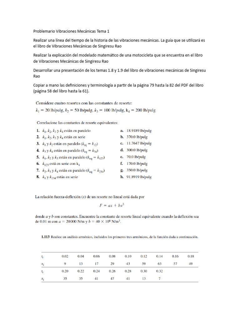 Problemario Vibraciones Mecánicas Tema 1 | PDF