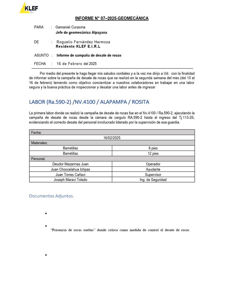 Informe 07 - Desate de Rocas - Semana 7 | PDF