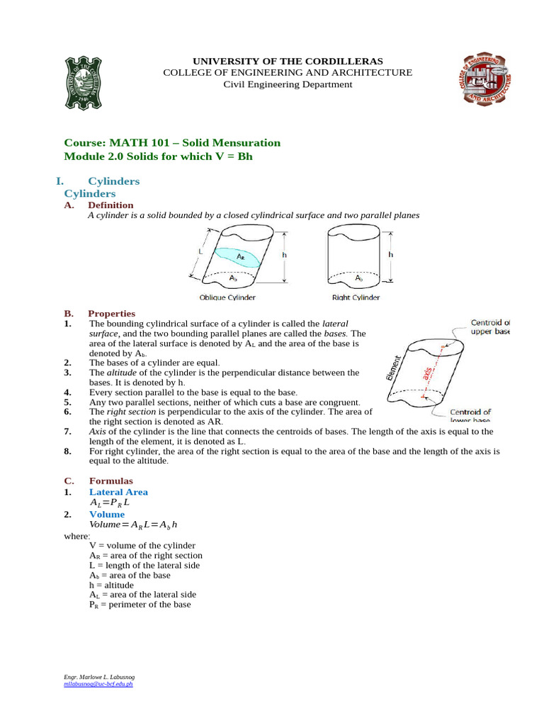 Math 101 - Module 2.6 V B X H (Cylinders) - 523215645 | PDF | Area ...
