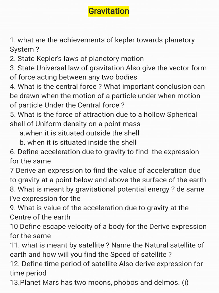 Gravitation important Questions class 11 | PDF
