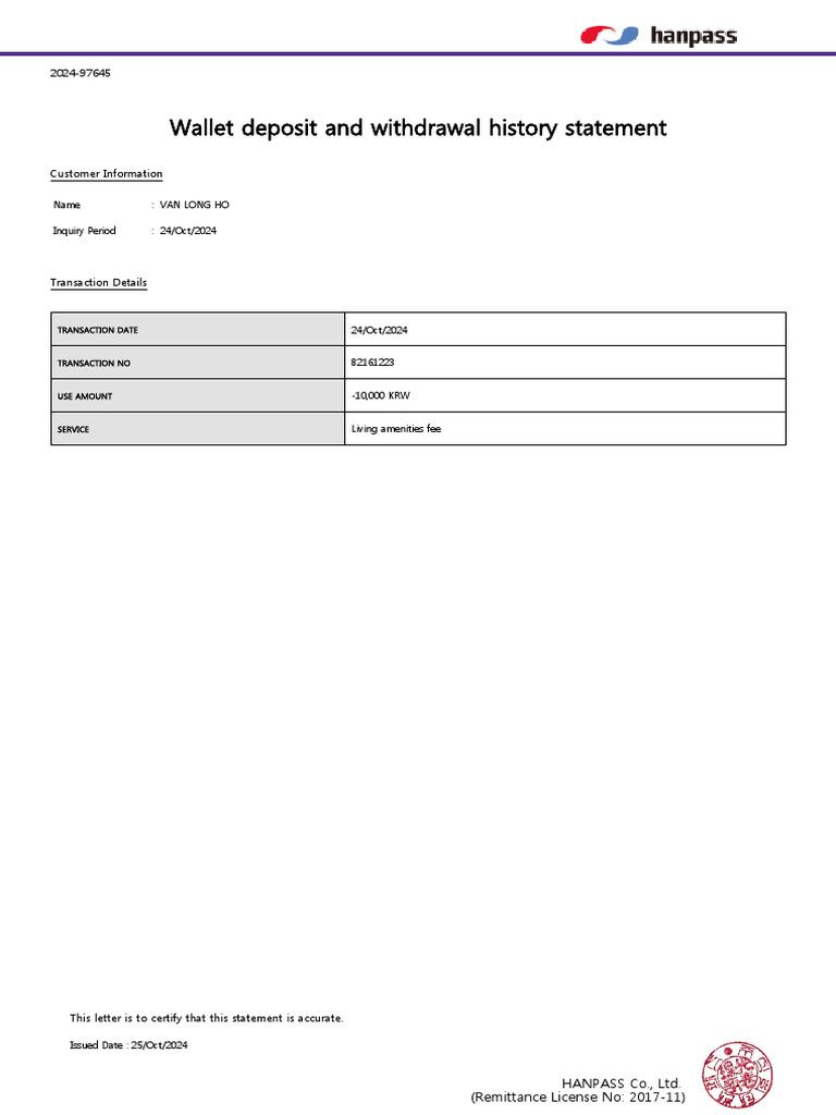 Wallet Deposit & Withdrawal Statement | PDF
