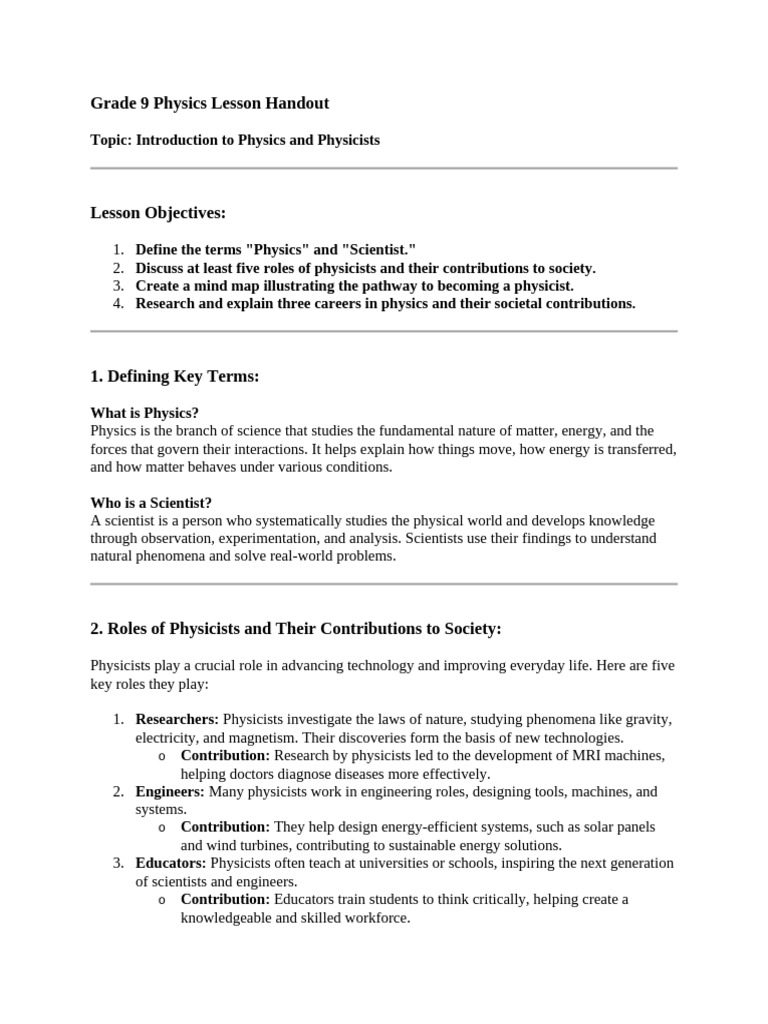 Grade 9 Physics Lesson Handout | PDF | Physics | Astrophysics