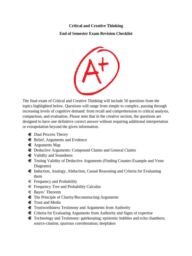 End of Semester Exam Revision Checklist | PDF
