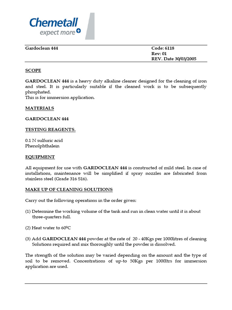Gardoclean 444 Usage and Dosage Guide | PDF | Water | Steel