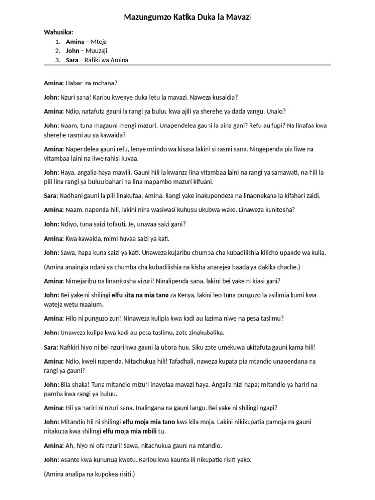 Mazungumzo Katika Duka La Mavazi | PDF