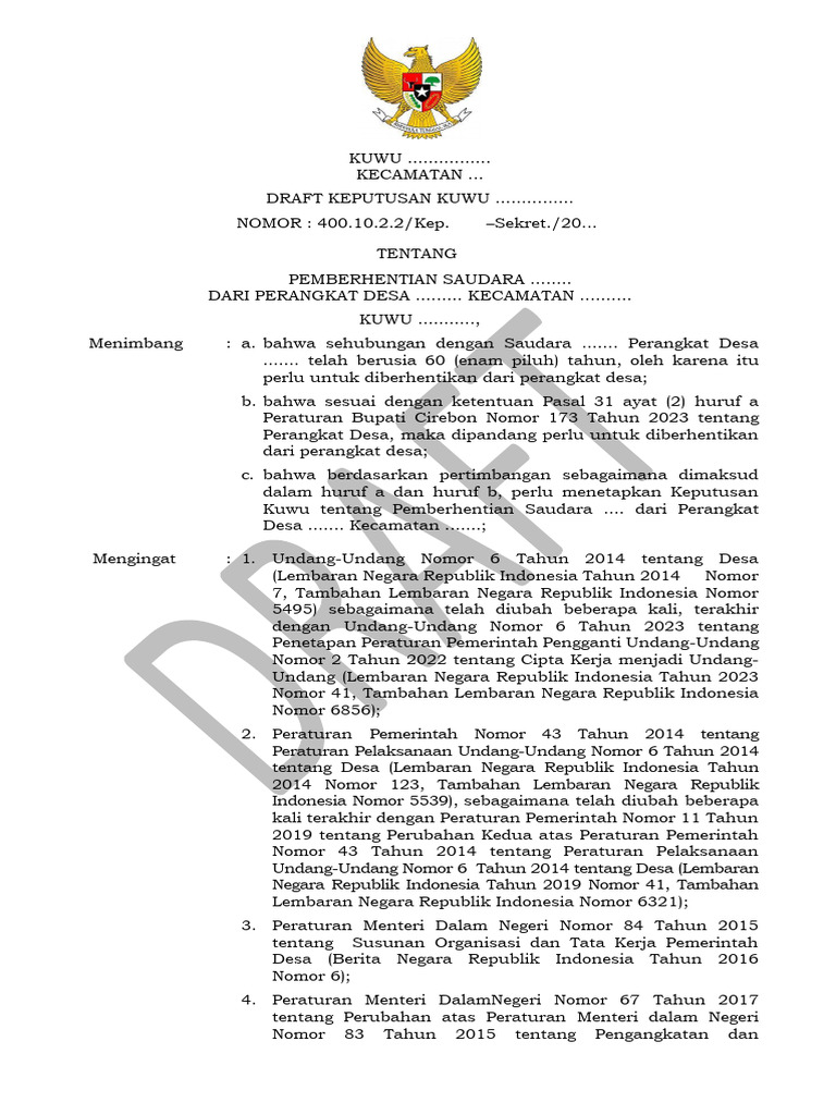 Draft SK Pemberhentian Perangkat Desa AMJ 60 Tahun NEW | PDF