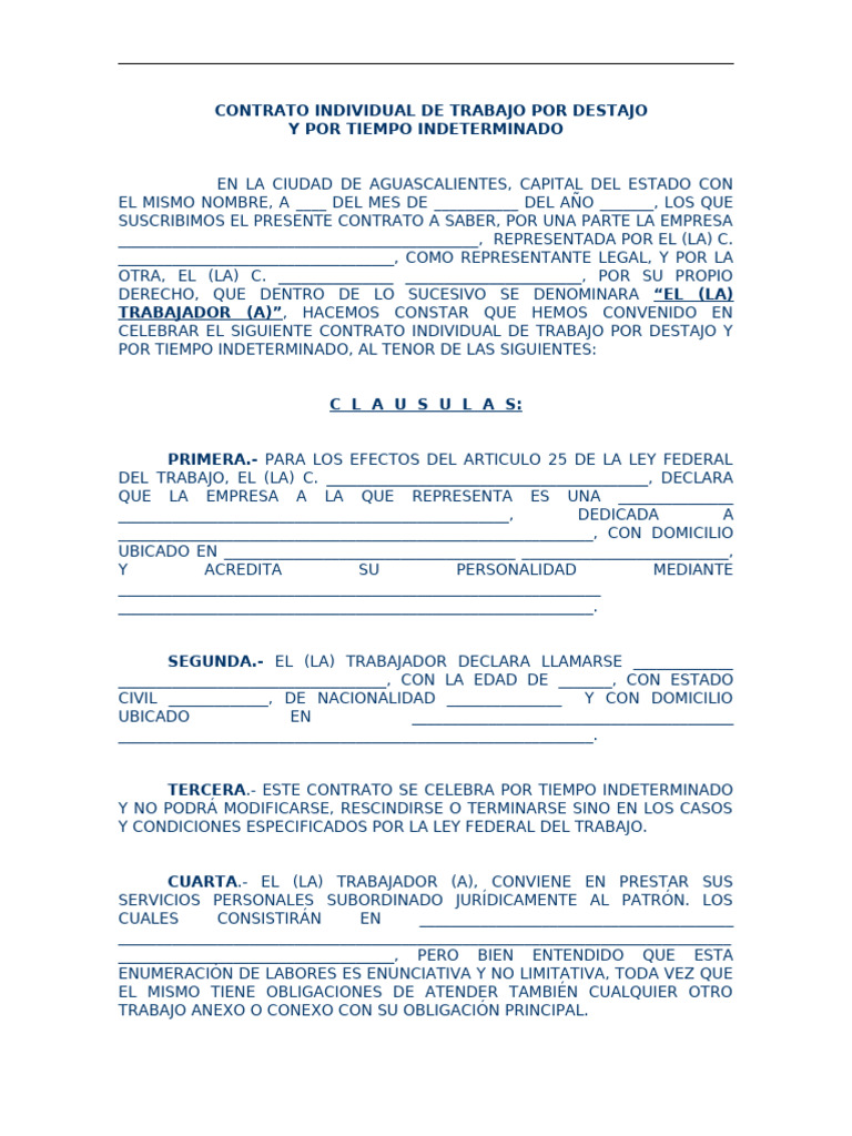 Contrato Individual de Trabajo por Destajo | PDF | Salario | Tiempo de ...