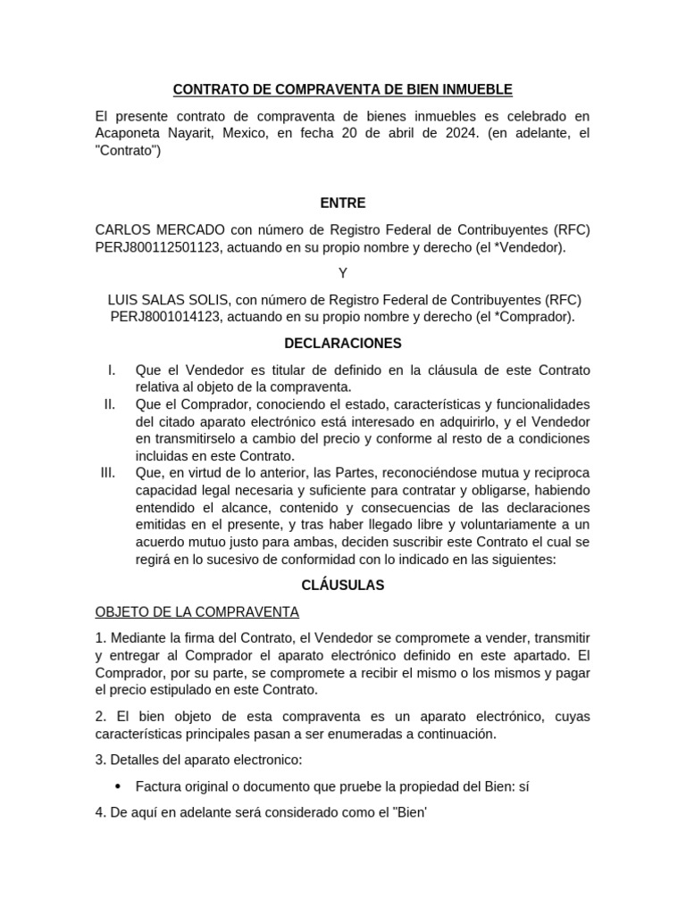 Contrato de Compraventa de Bien Mueble | PDF