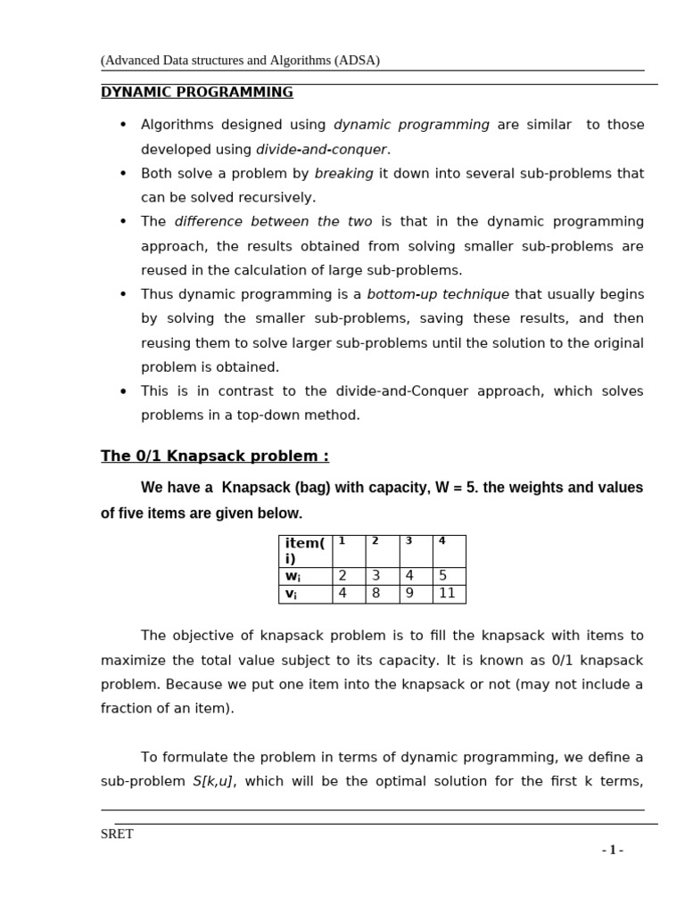 Dynamic Programming in ADSA: Knapsack Problem | PDF | Dynamic Programming | Algorithms