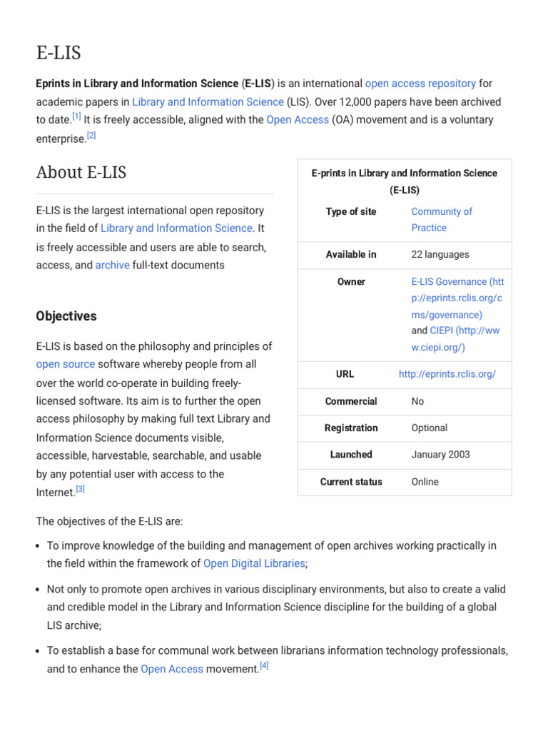 E-LIS - Wikipedia | PDF | Information Science | Libraries