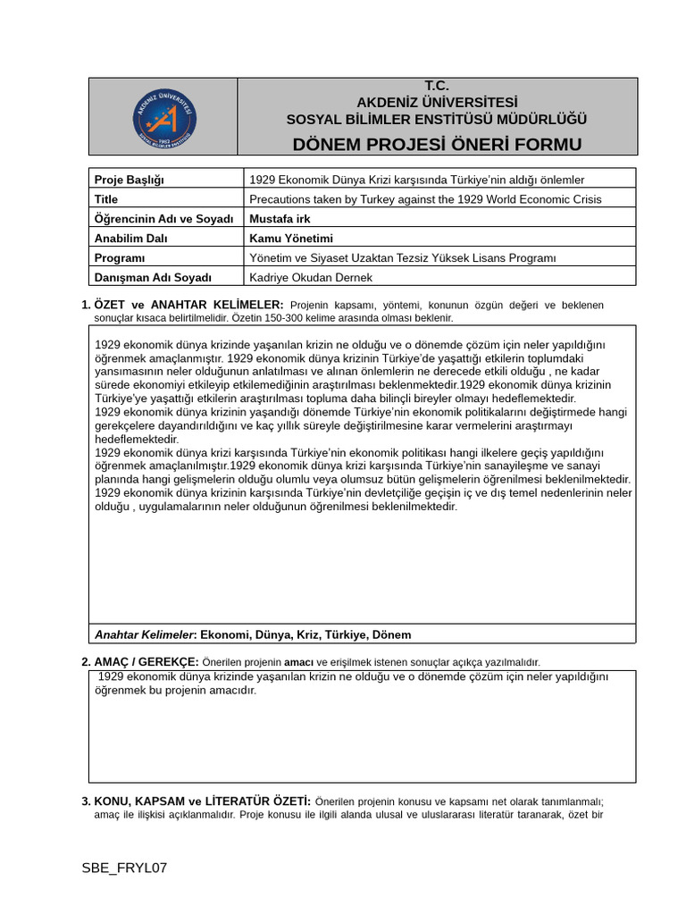 Tez Projesi̇ Öneri̇ Formu | PDF