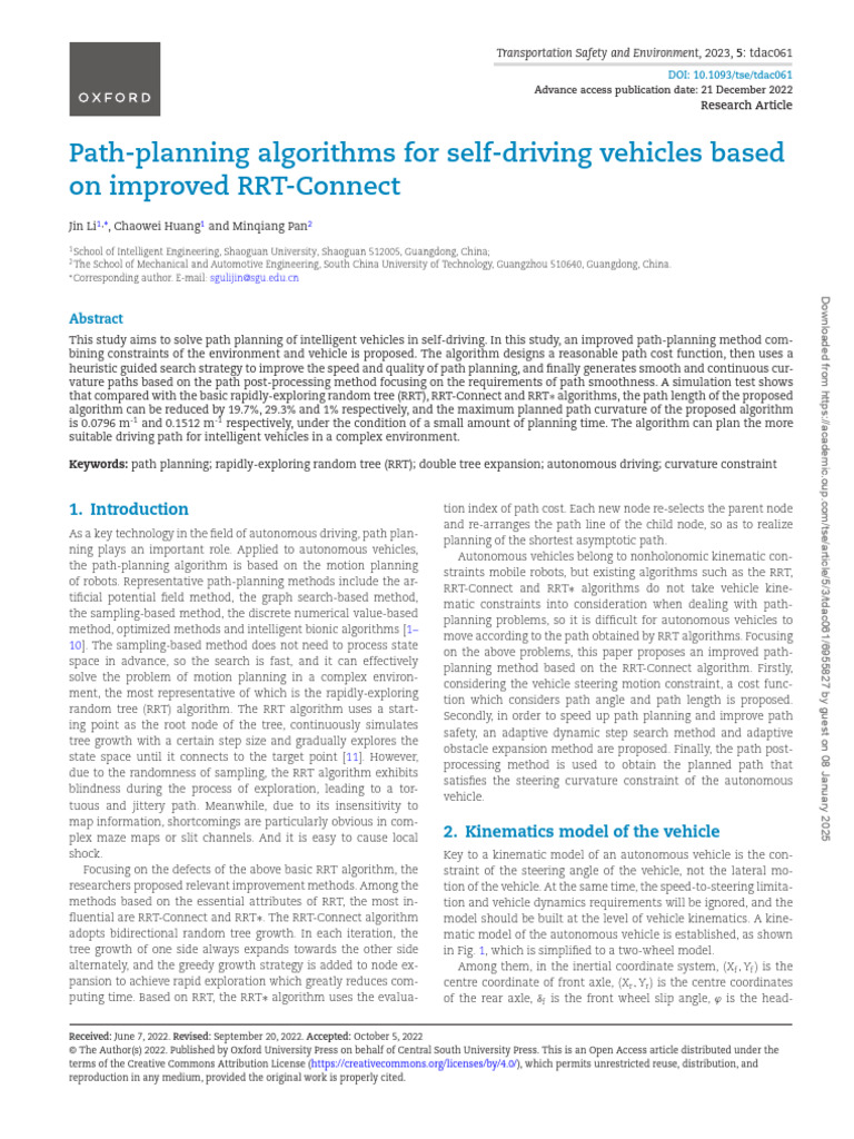Path-Planning Algorithms For Self-Driving Vehicles Based On Improved RRT Connect | PDF | Applied ...