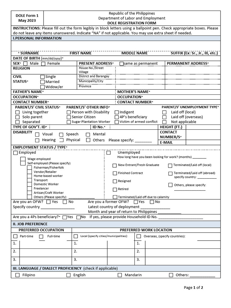 DOLE Jobseeker Registration Form | PDF | Vocational Education