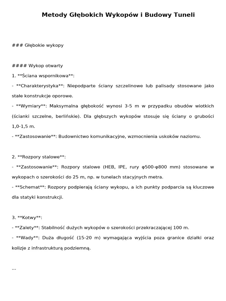 Głębokie Wykopy I Metody Budowy Tuneli | PDF