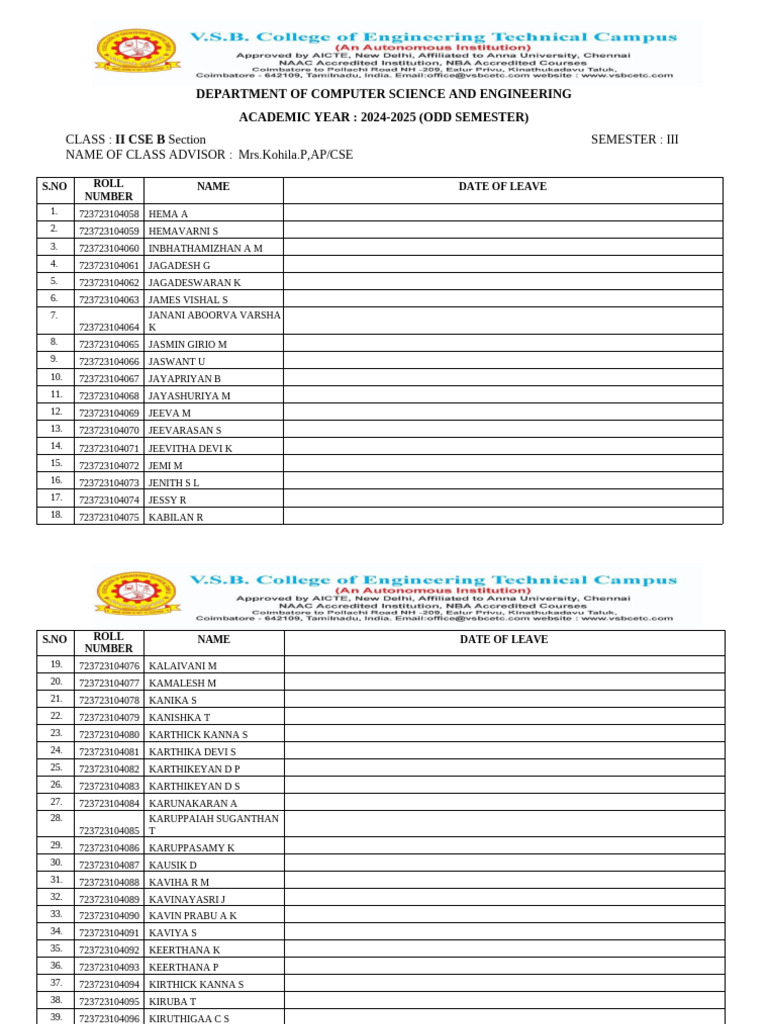 IV CSE B Attendance Register | PDF | Educational Stages | Higher Education