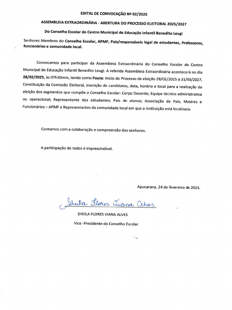 EDITAL DE CONVOCAÇÃO CONSELHO ESCOLAR 2025 | PDF