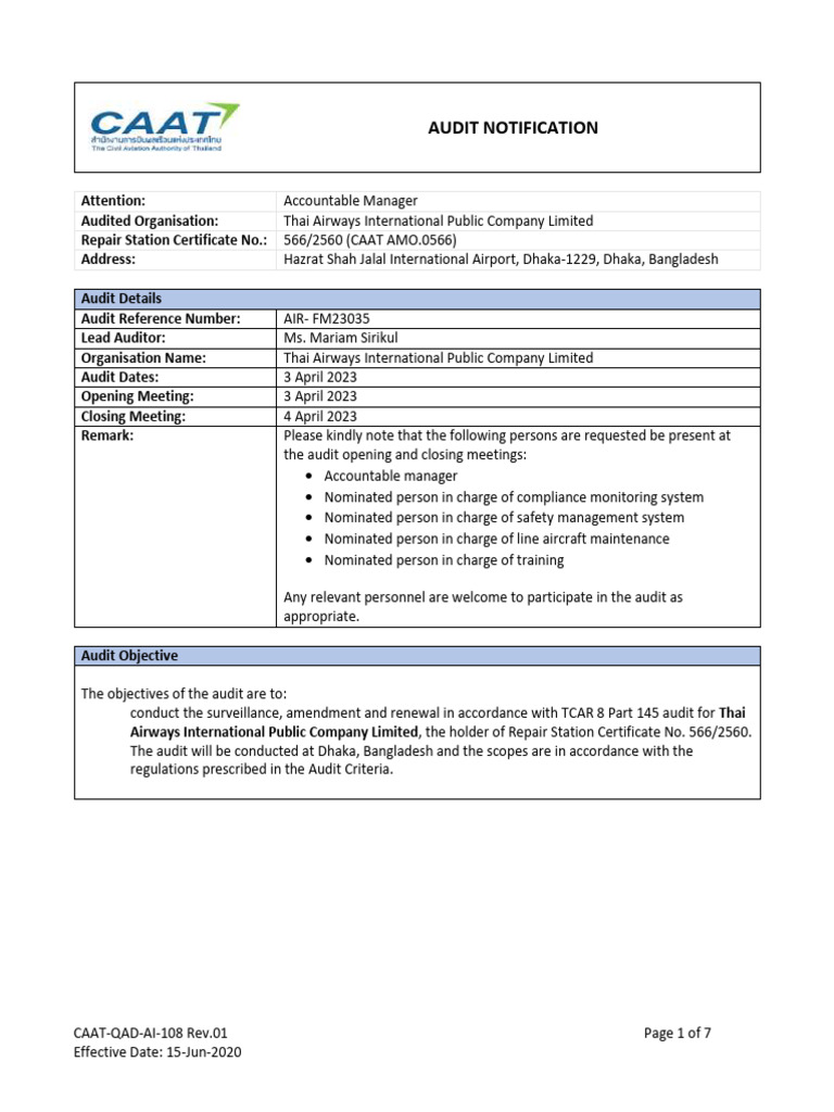 CAAT QAD AI 108 Audit Notification Form | PDF | Audit