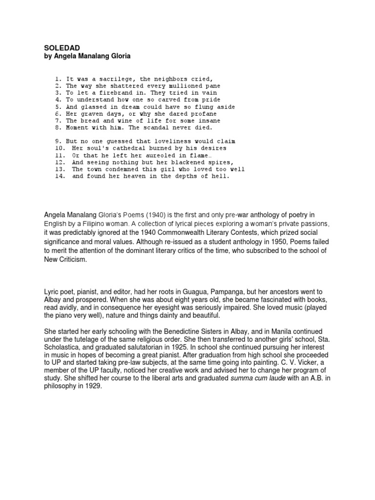 Soledad: by Angela Manalang Gloria | PDF | Poetry