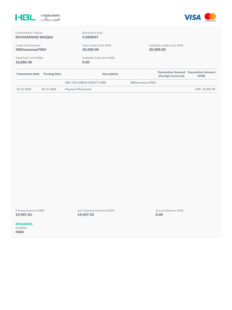 HBL Visa Green Credit Card Statement | PDF