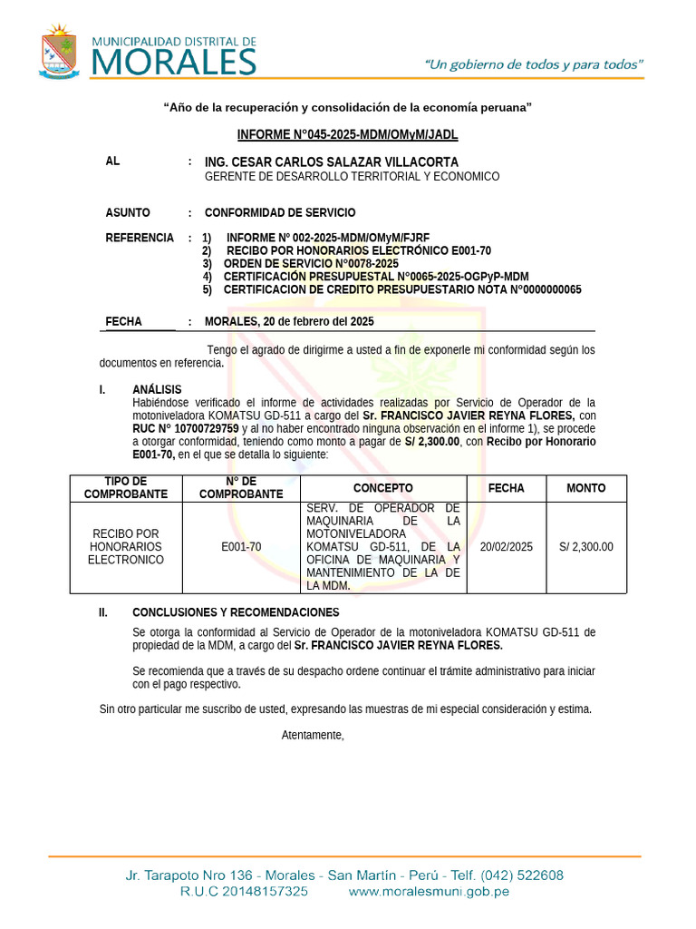 INFORME 045, CONFORMIDAD JAVIER REYNA - FEBRERO 2025 | PDF