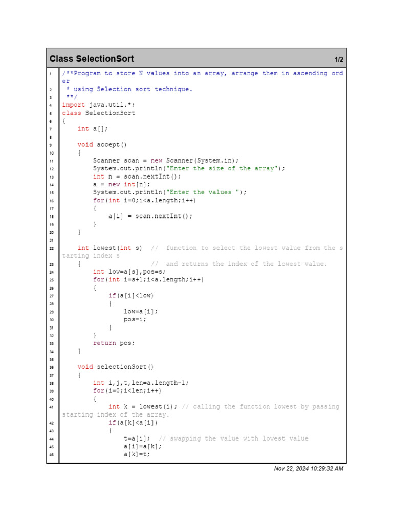 Java Selection Sort Implementation | PDF
