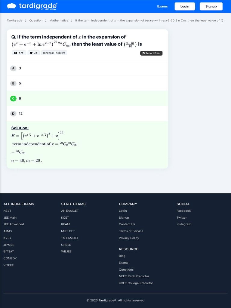 If The Term Independent of X in The Expansion of (Ex+e-X+ LN Ex+2) 20 2 ...