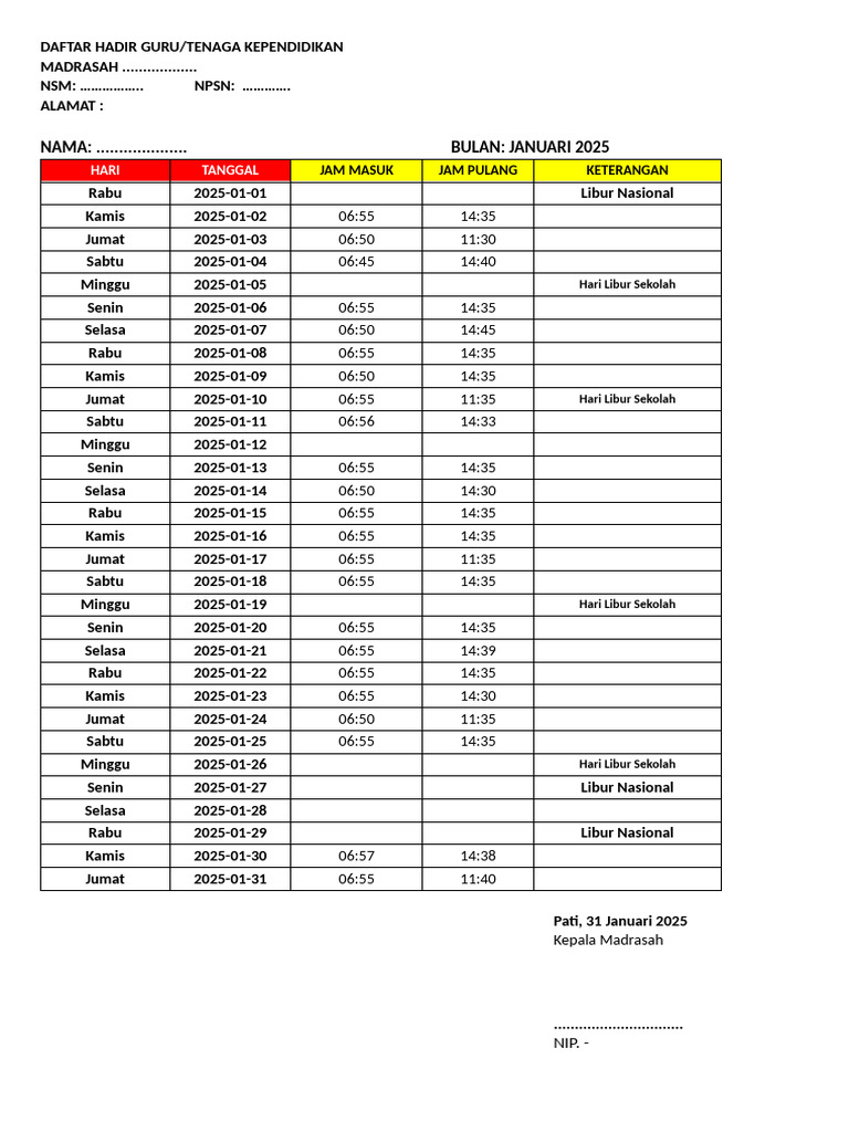 Contoh Templat Presensi Upload Emis | PDF