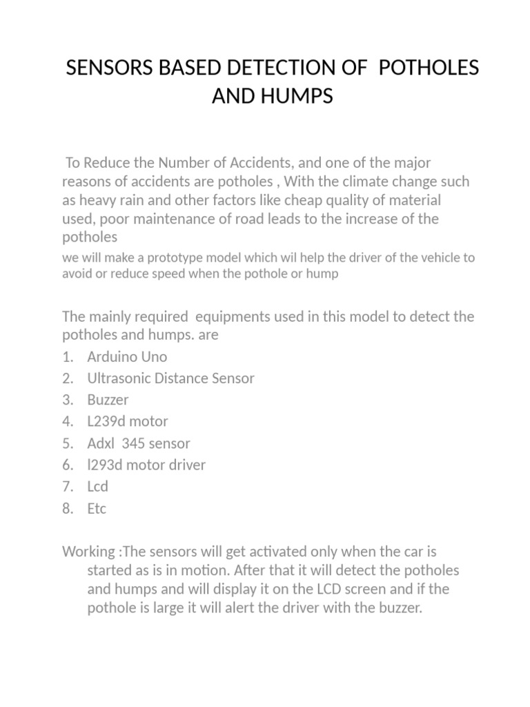 Sensors Based Detection Of Potholes And Humps Pdf