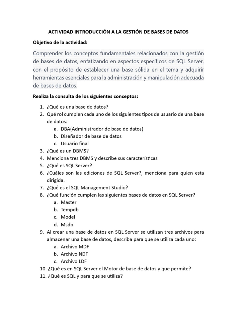 01 Actividad Introducción A La Gestión de Bases de Datos | PDF | SQL | Servidor SQL de Microsoft