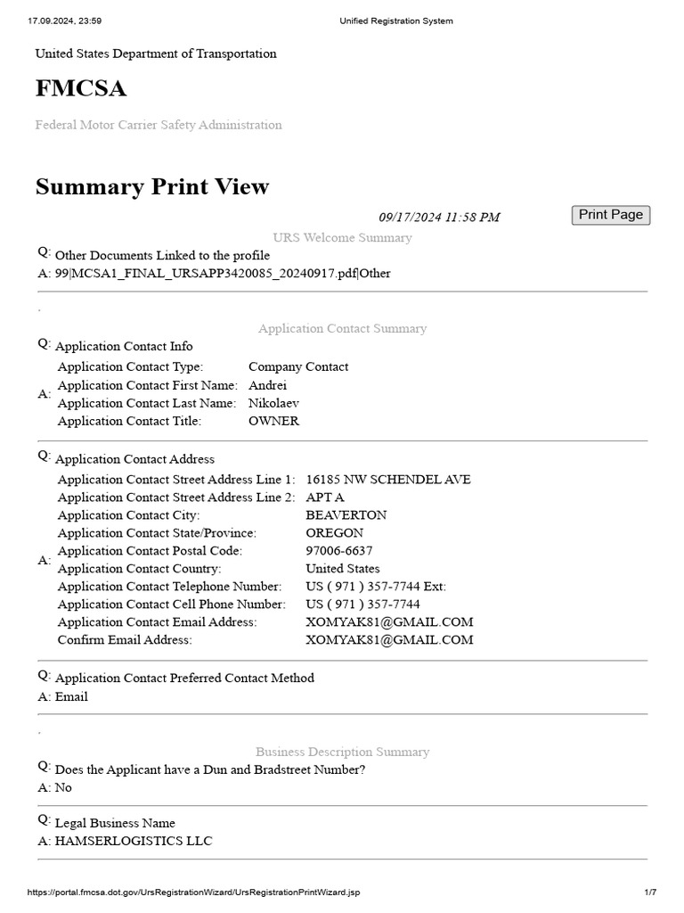 FMCSA Registration: HAMSERLOGISTICS LLC | PDF | Perjury | Cargo