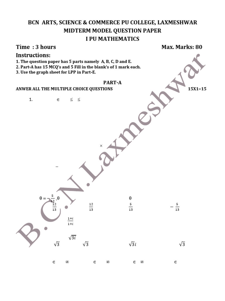Midterm Mathematics Model Paper | PDF | Mathematical Concepts | Graph Theory