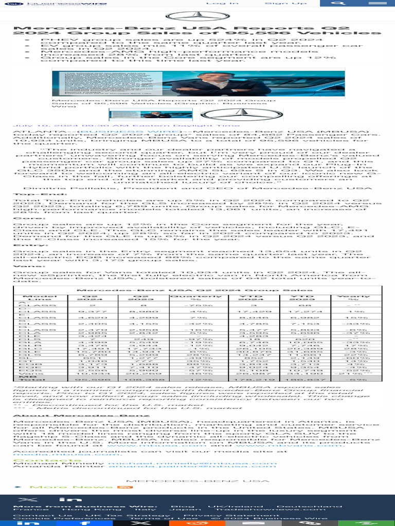 Mercedes-Benz USA Q2 2024 Sales Report | PDF | Motor Vehicle | Mercedes ...