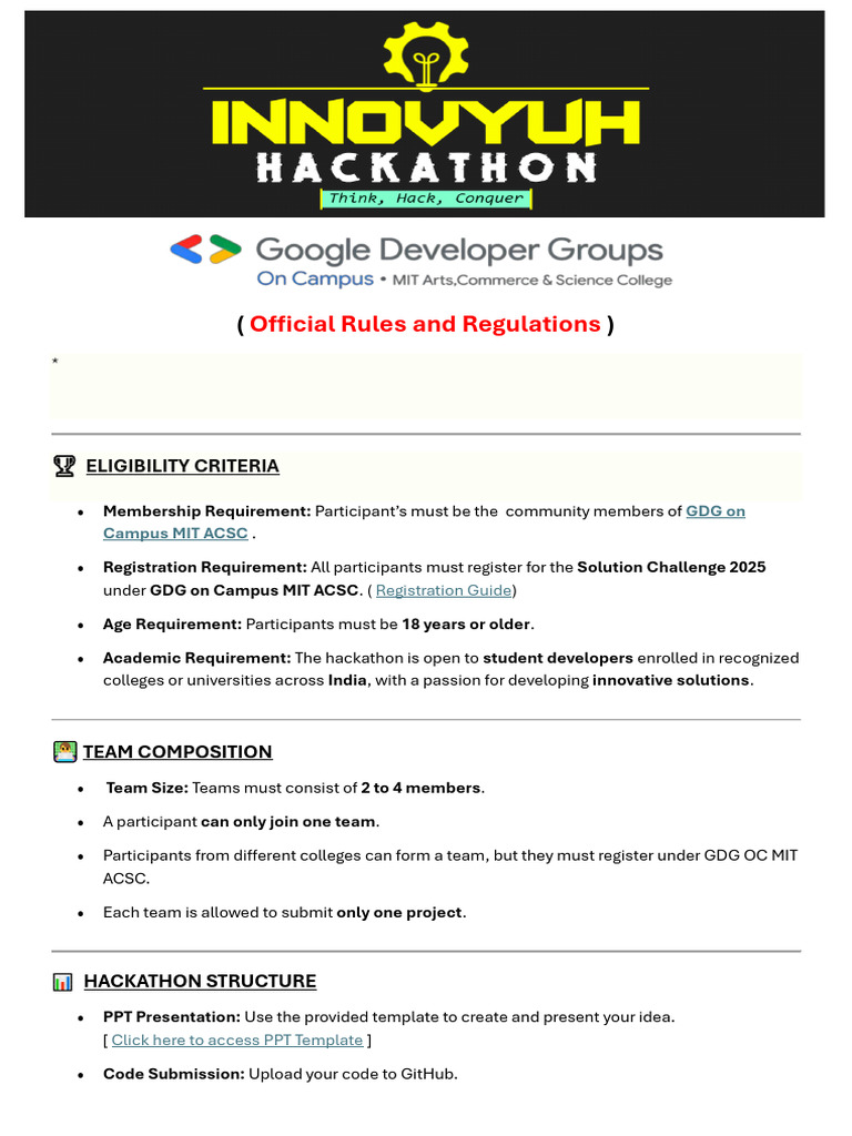 INNOVYUH HACKATHON 2025 ( Official Rules and Regulations ) | PDF | Creativity | Discrimination