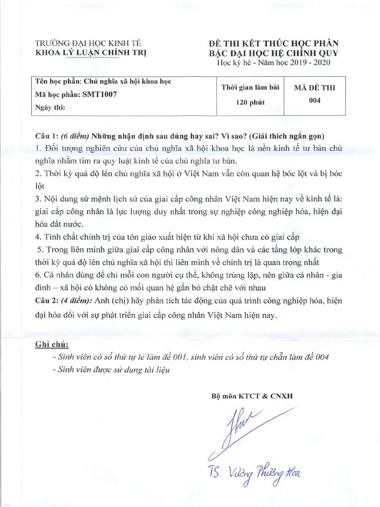 Đề thi KTHP Chủ nghĩa xã hội khoa học Mã đề 004 | PDF