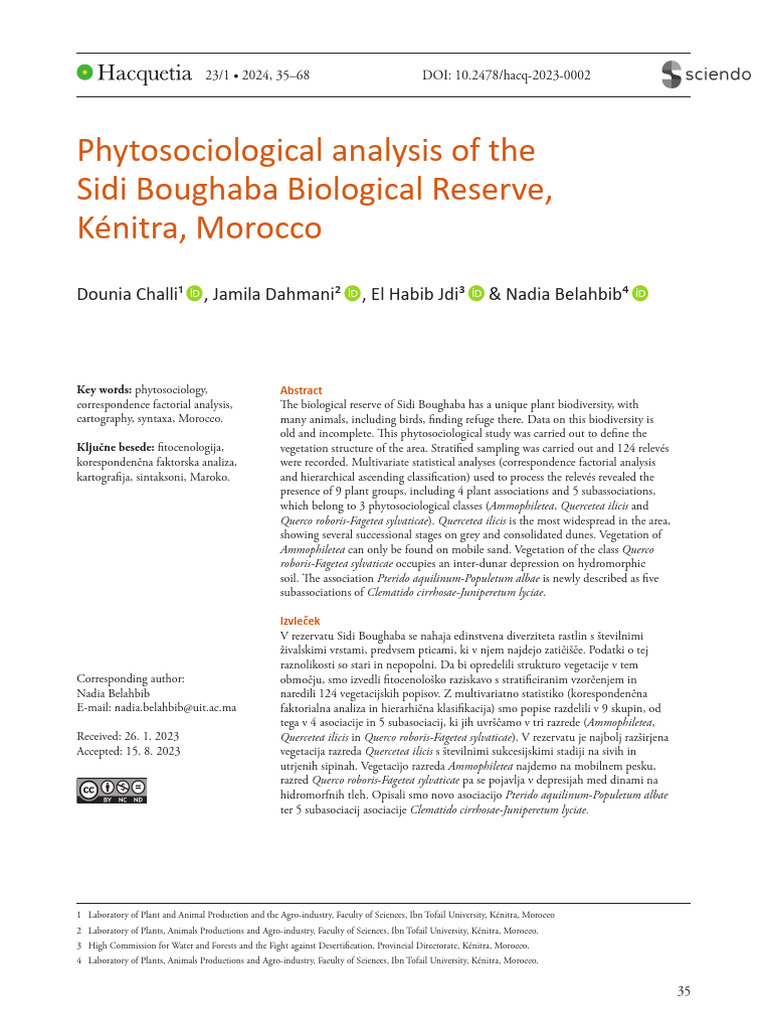 Phytosociological Analysis of The Sidi Boughaba Biological Reserve ...