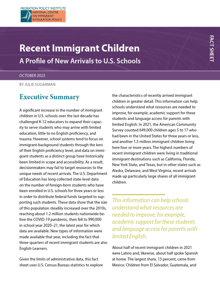Mpi Recent Immigrant Children 2023 - Final | PDF | American Community ...
