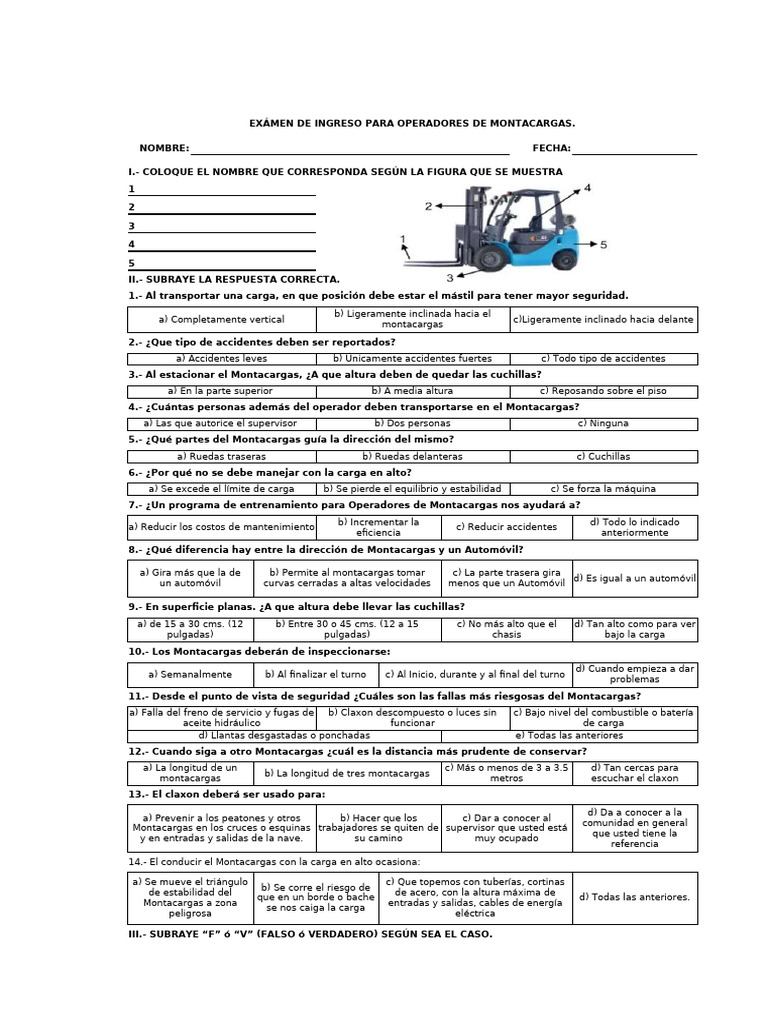 MACH EXAMEN MONTAcargas | PDF | Máquina elevadora | Vehículo de motor