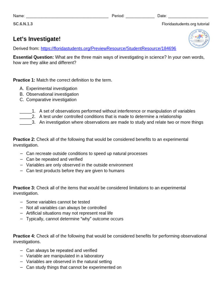 Kaike Dos Santos - Tutorial - SC.6.N.1.3 - Lets Investigate | PDF | Experiment | Cognition