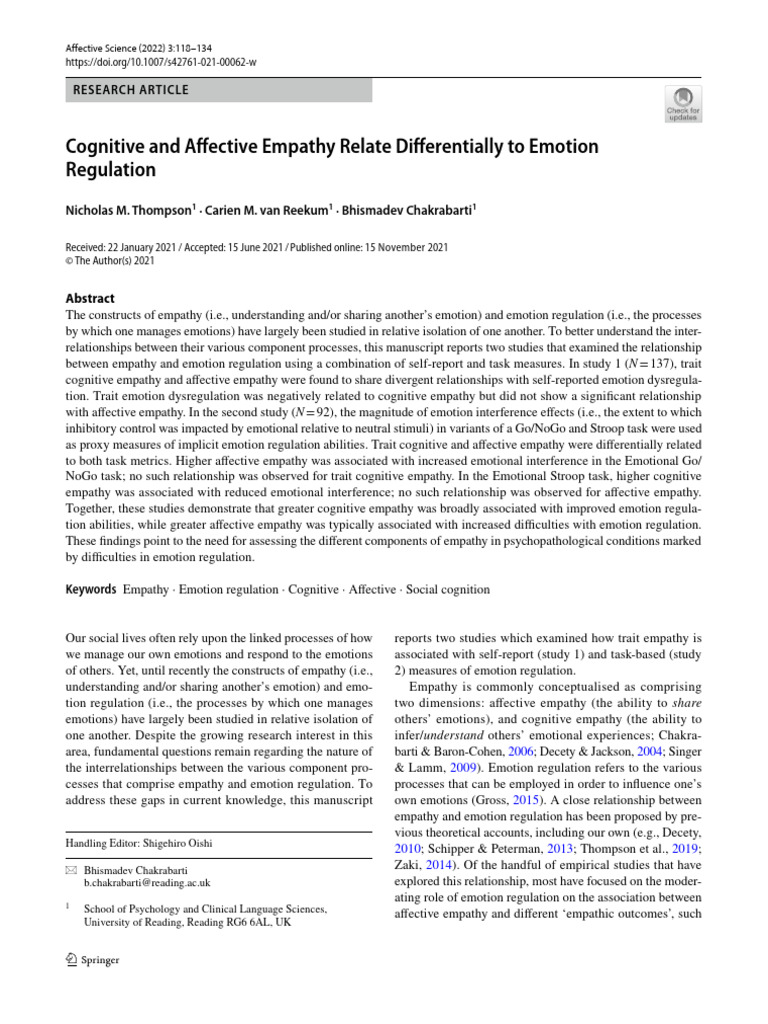 Cognitive and Affective Empathy Relate Differentially To Emotion ...