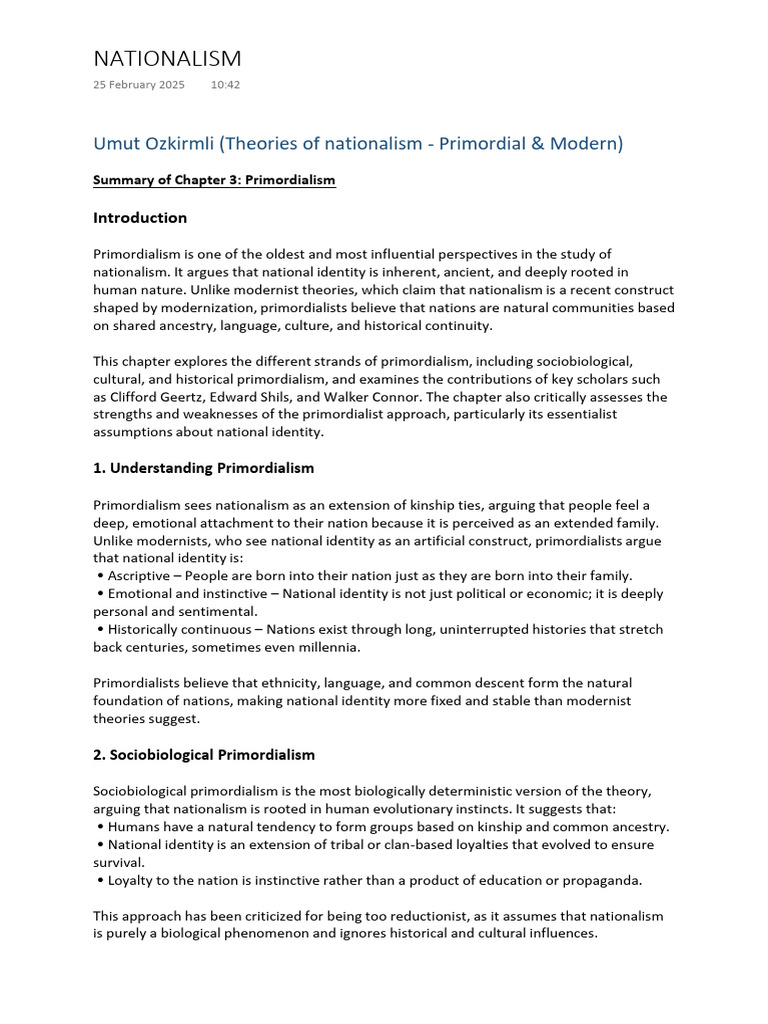 Primordialism in Nationalism Theory | PDF | Nationalism | Nation