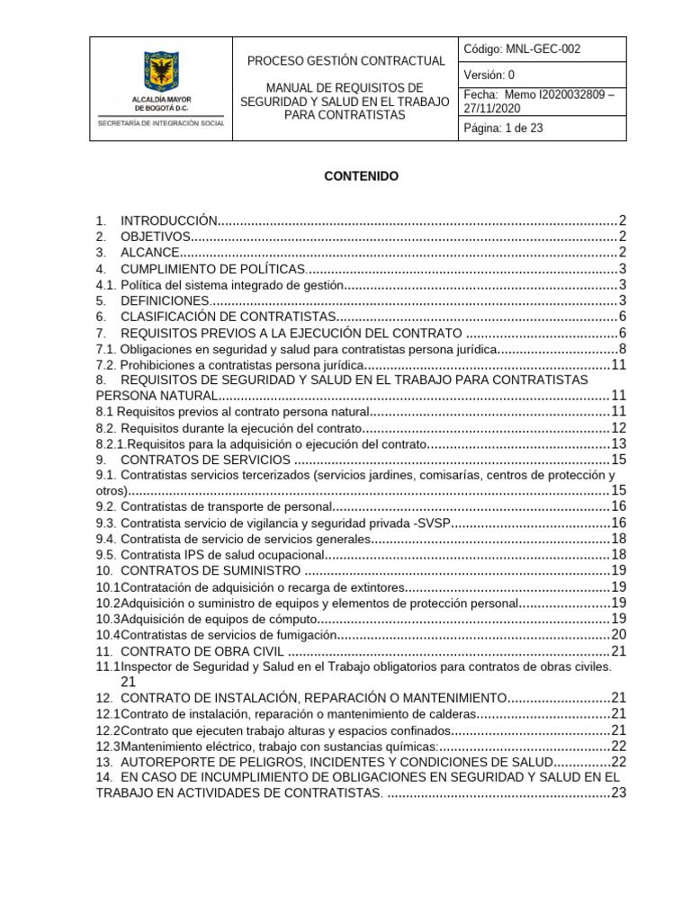 MNL Gec 002 v0 Manual Requisitos Seguridad y Salud Enel Trabajo para Contratistas | PDF