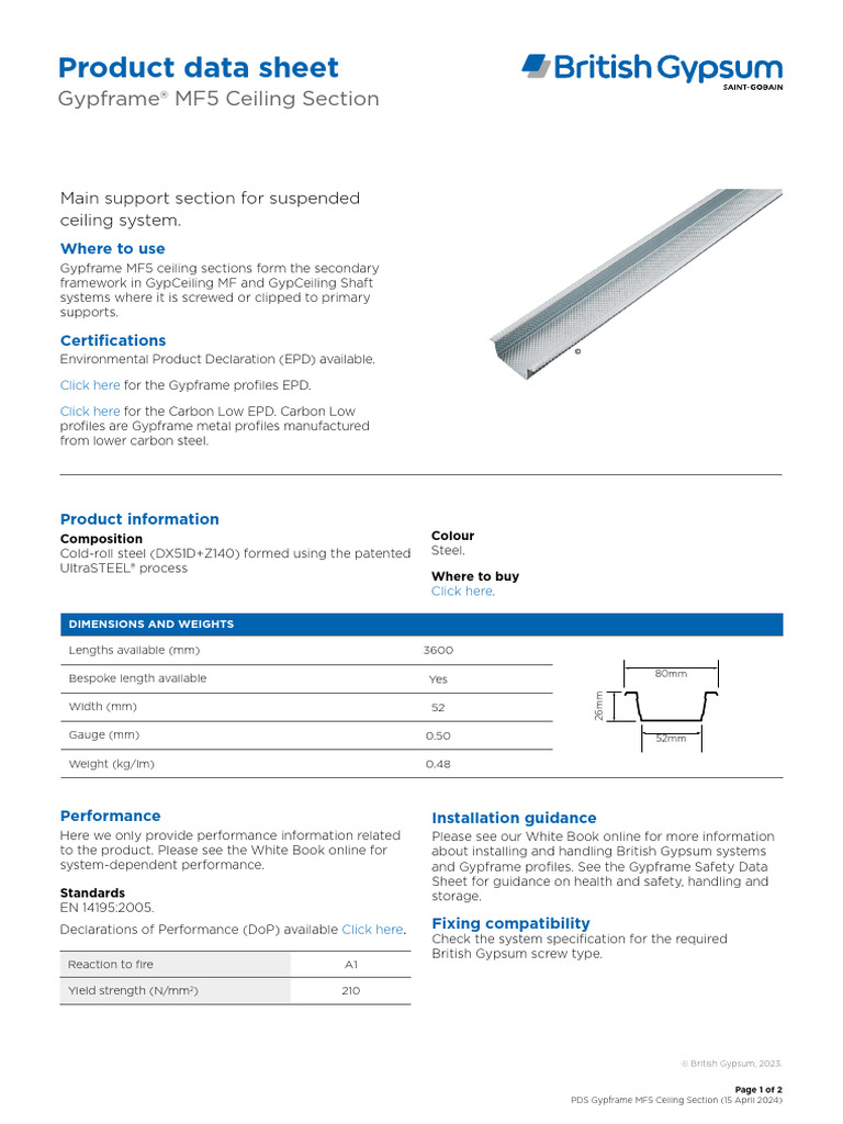 British Gypsum PDS Gypframe MF5 Ceiling Section | PDF | Materials