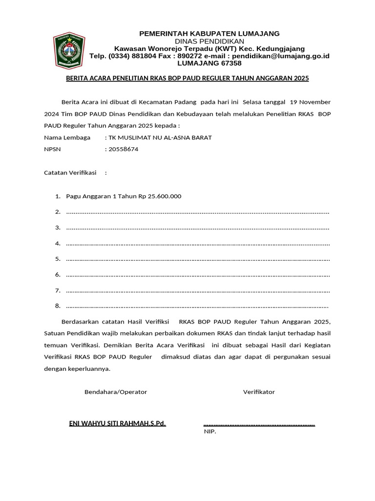 Berita Acara Verifikasi Rkas Bop Paud 2025 | PDF