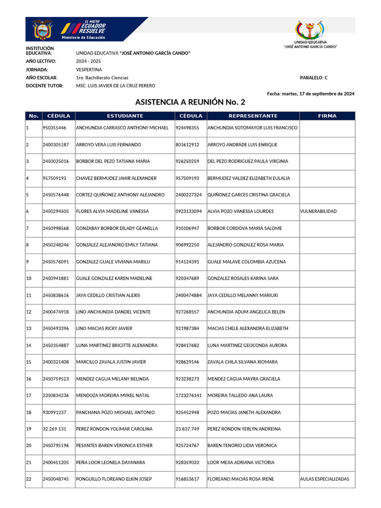 Asistencia Reunión 1ro Bachillerato C 2024 | PDF