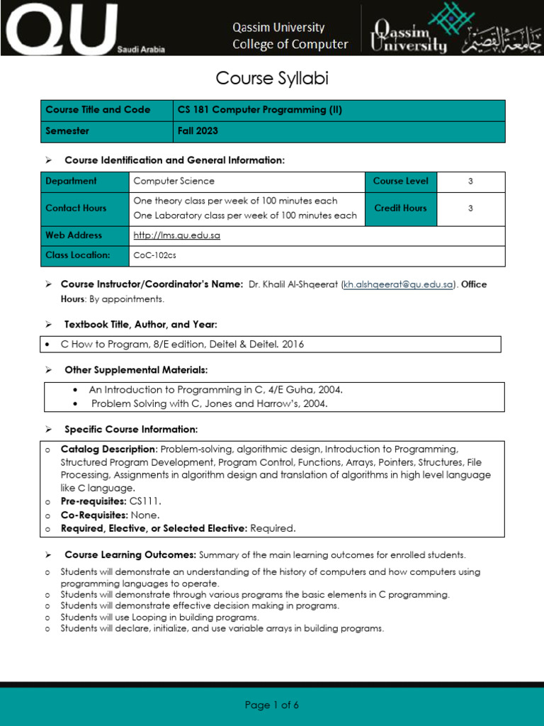 CS181 Course Syllabus CS 451 | PDF | Pointer (Computer Programming) | Programming