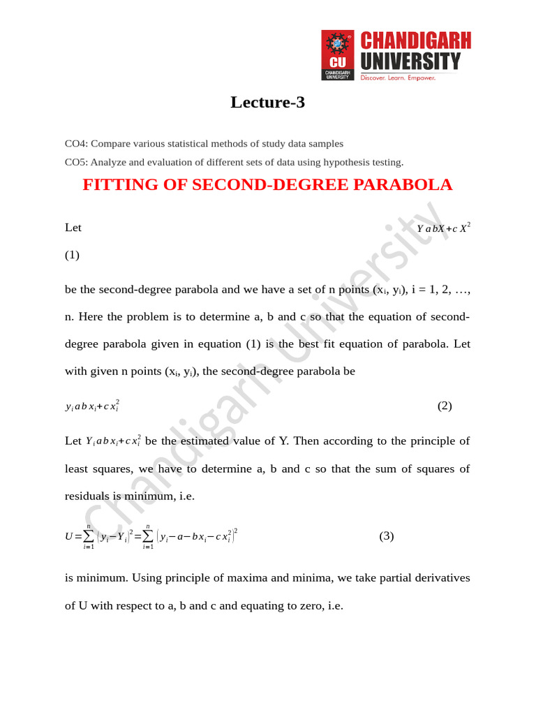Lecture-3 (Fitting of 2nd Degree Parabola) | PDF | Least Squares | Statistical Analysis