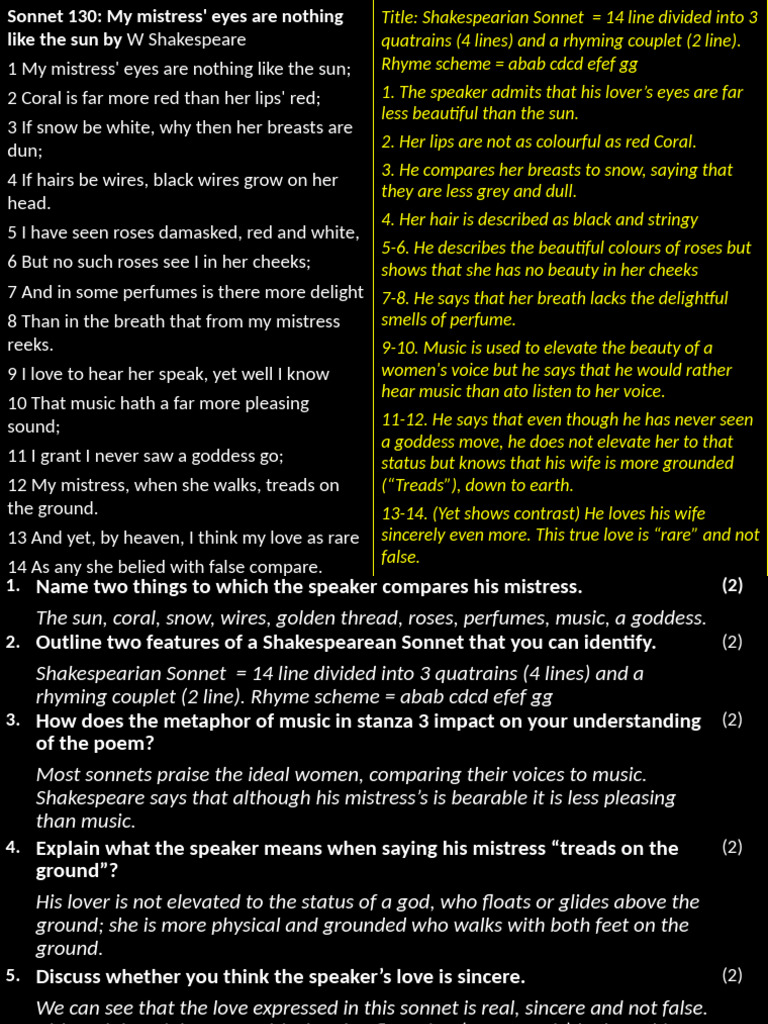 Sonnet 130: A Realistic Love Poem | PDF | Stanzaic Form | Composition ...