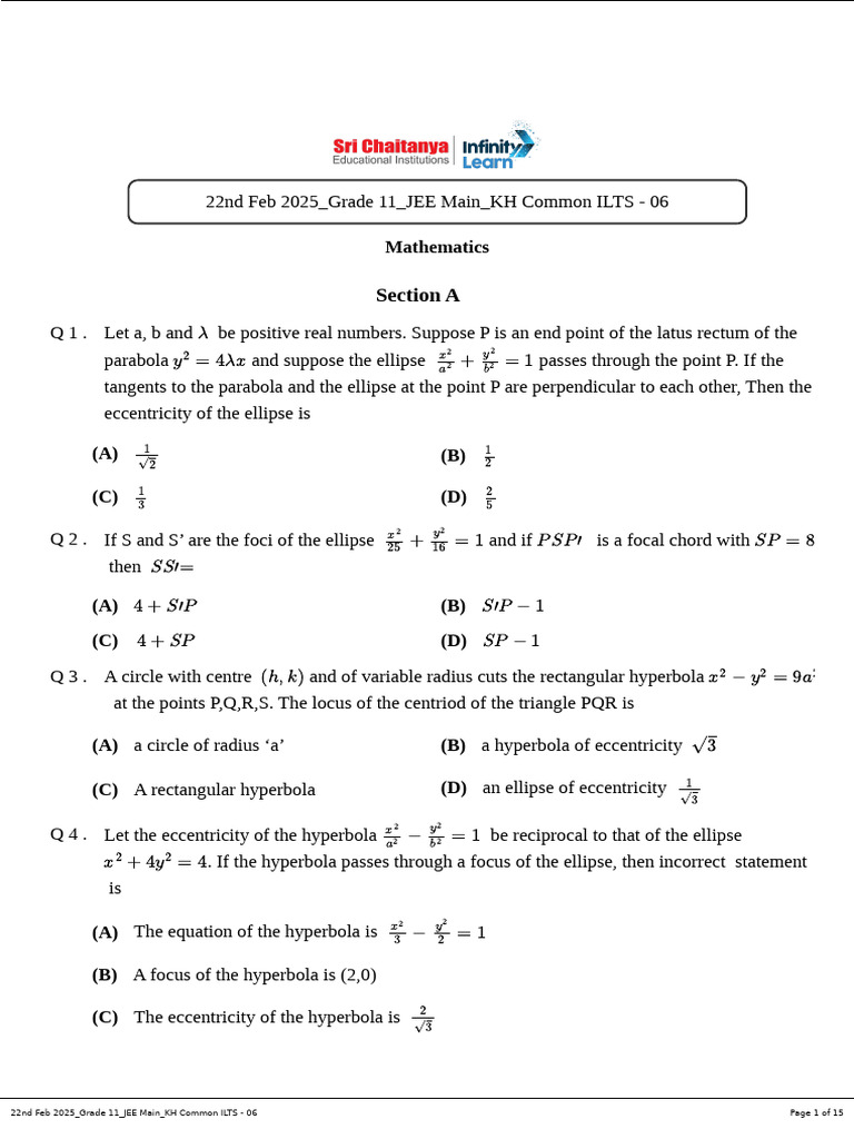 JEE Main Grade 11 Mathematics Practice | PDF | Perpendicular | Ellipse