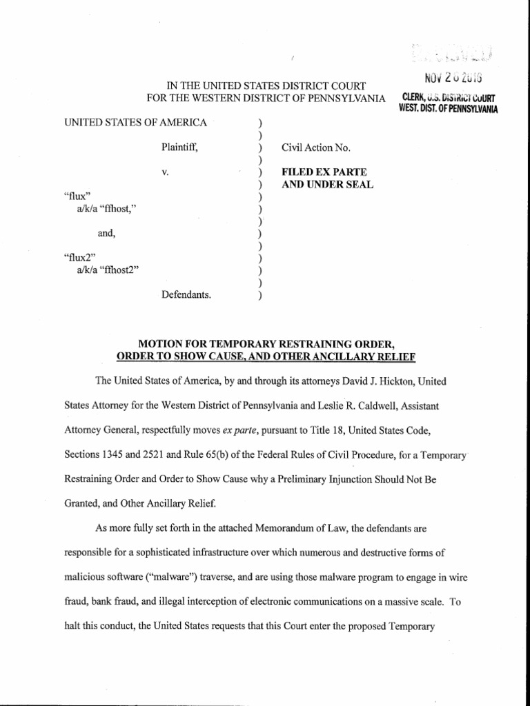 Motion For Temporary Restraining Order | PDF | Injunction | Malware