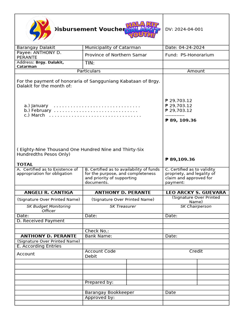 3 SK Disbursement Voucher | PDF | Payments | Bookkeeping